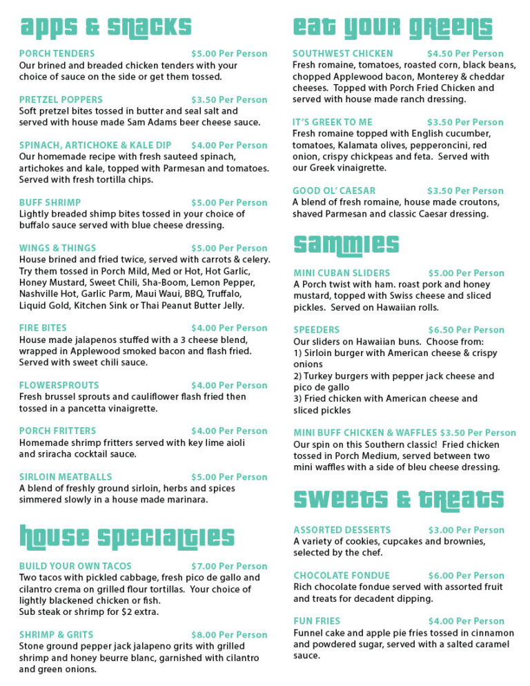 Catering Menu - The Porch | Winter Park, FL